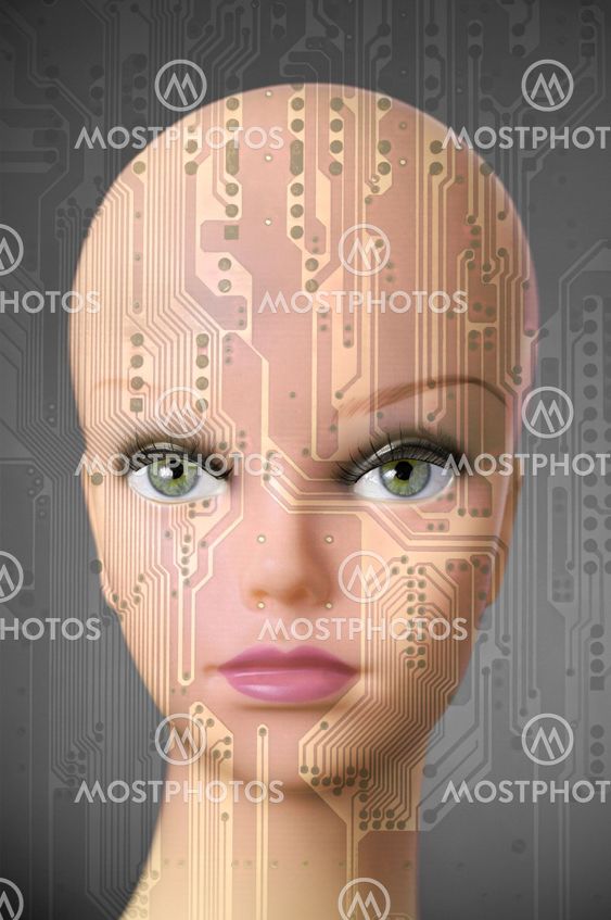 "Female cyborg head on dark..." by Vonschonertagen - Mostphotos